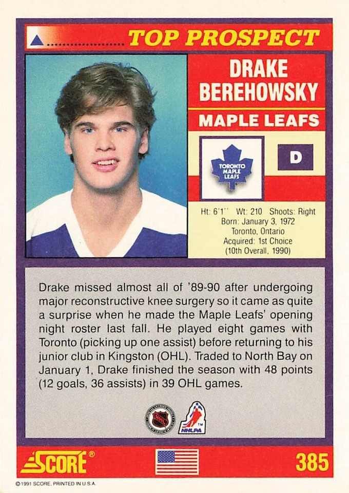 1991 Score American #385 Drake Berehowsky Toronto Maple Leafs | eBay