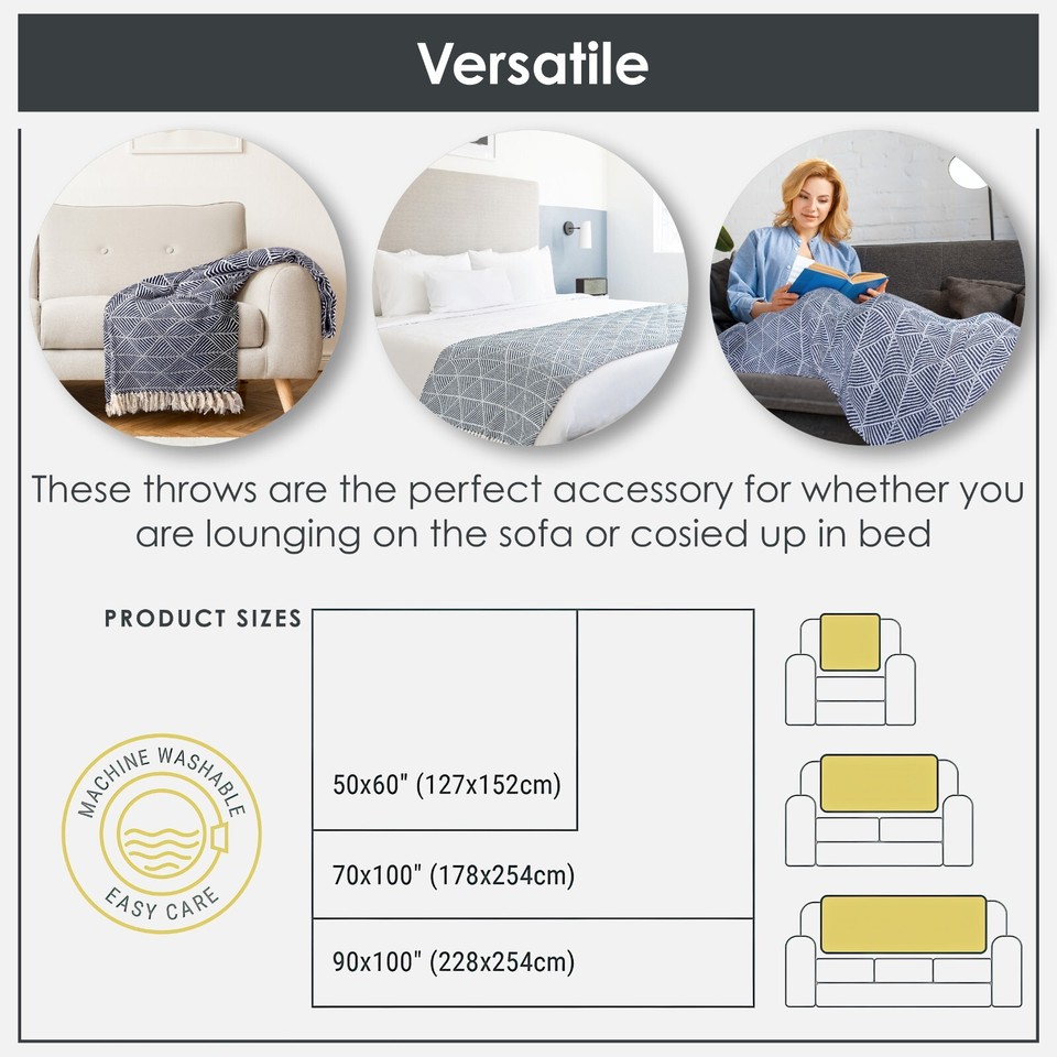Throw Blanket for Sofas Couch Bed Runner Scandi Woven Soft Cotton Zahra ...