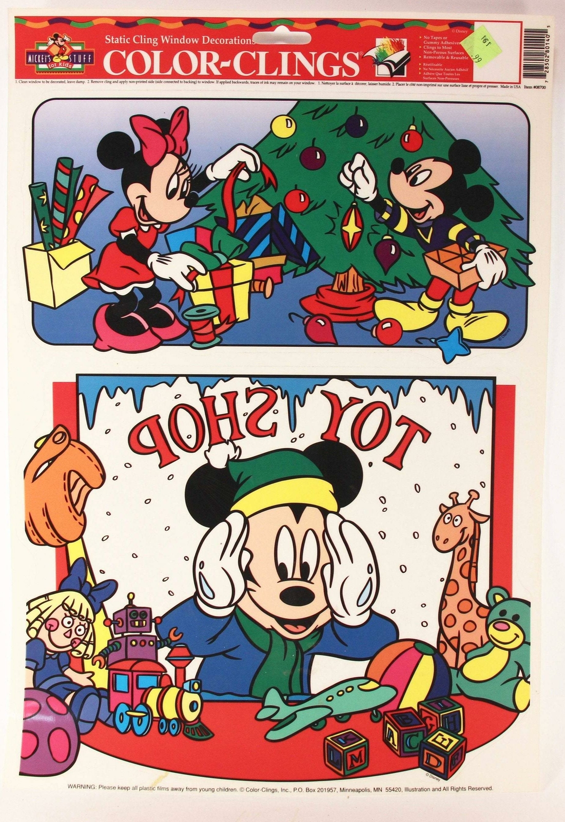 One (1) 12 In. X 17 In. Sheet Mickey Mouse Christmas Static Window ...