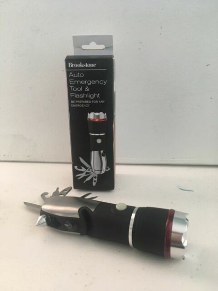 Brookstone Auto Emergency Tool & Flashlight 35pc Survival Bottle ...