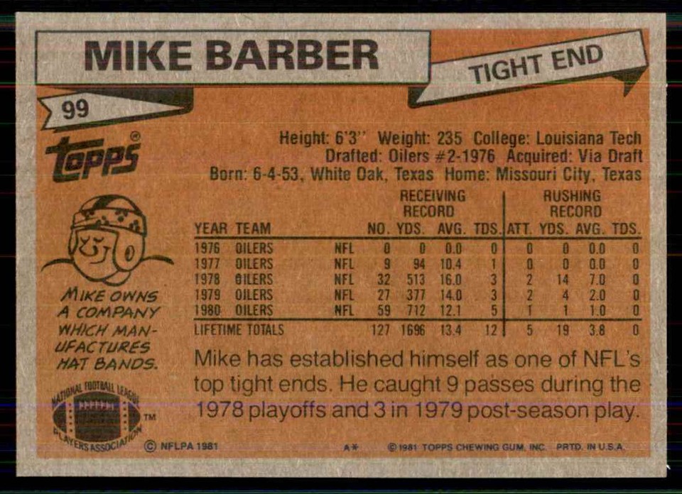 1981 Topps Mike Barber Houston Oilers #99 | eBay