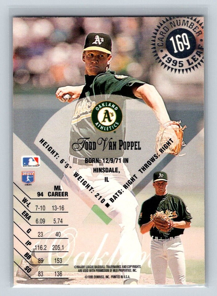 1995 Leaf #169 Todd Van Poppel Oakland Athletics A's Baseball Card (B ...