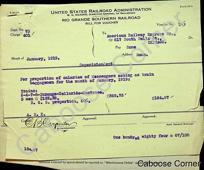 RGS Rio Grande Southern Railroad Form 120 & Bill For Voucher 120A Jan ...
