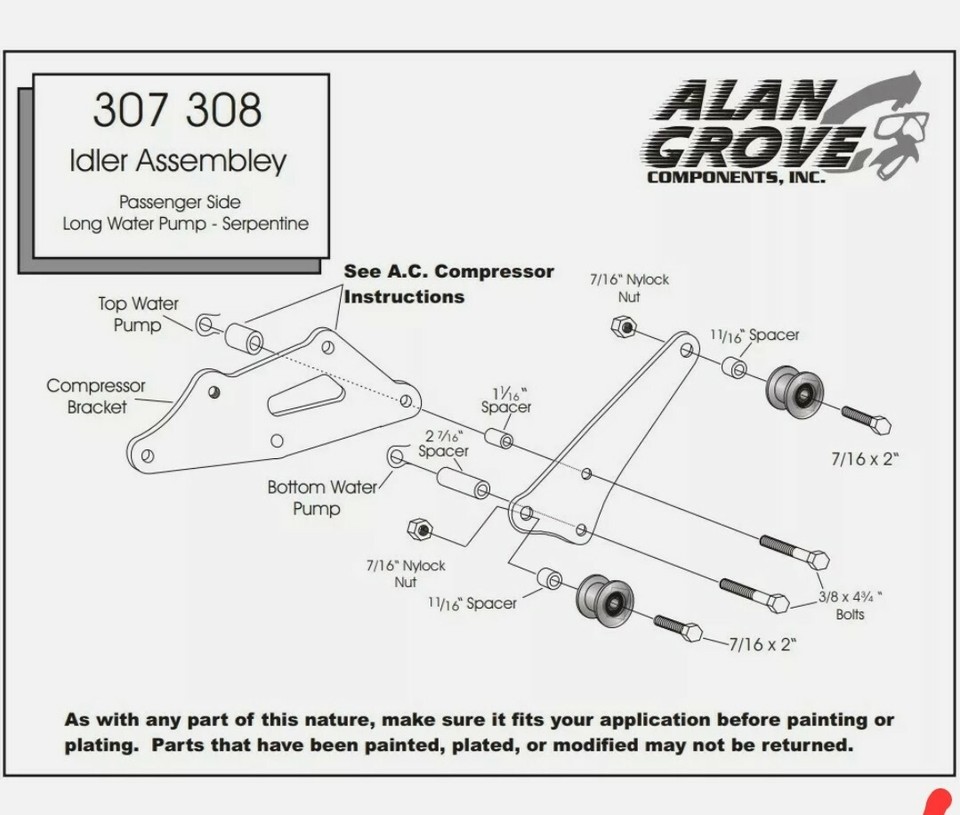 Alan Grove 308 Bracket Kit Set Alternator A/C Air Compressor SBC LWP 87 ...