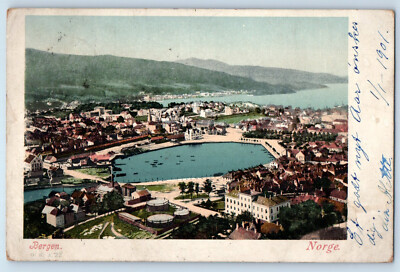 Bergen Norway Postcard Aerial View Mountains Buildings River 1901 ...