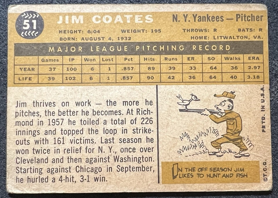 1960 TOPPS JIM COATES (YANKEES) #51 GOOD | eBay