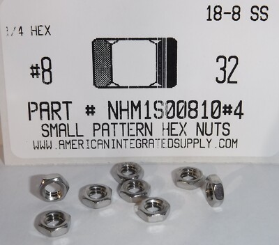 #8-32 Small Pattern Hex Nuts 1/4 inch across the flats 18-8 Stainless ...