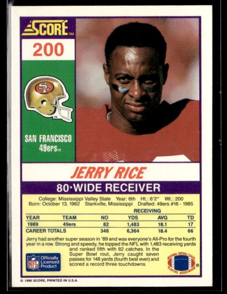 1990 Score #200 Jerry Rice 49ers Football Card 2802O | eBay