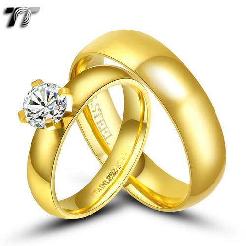 TT 18K Gold GP Stainless Steel Engagement Wedding Band Ring For Couple ...