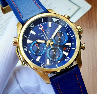 Bulova Marine Star Blue Dial 97B168 Gold Tone Silicone Strap Men's ...