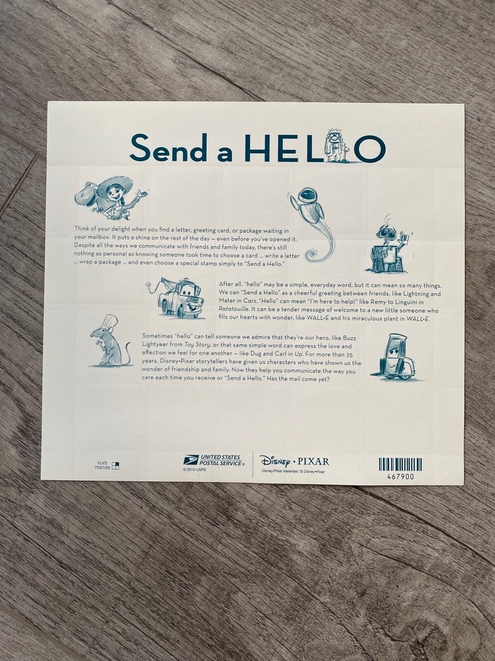 20 Pixar Send a Hello Forever Stamps Sheet Disney Toy Story Buzz Cars ...