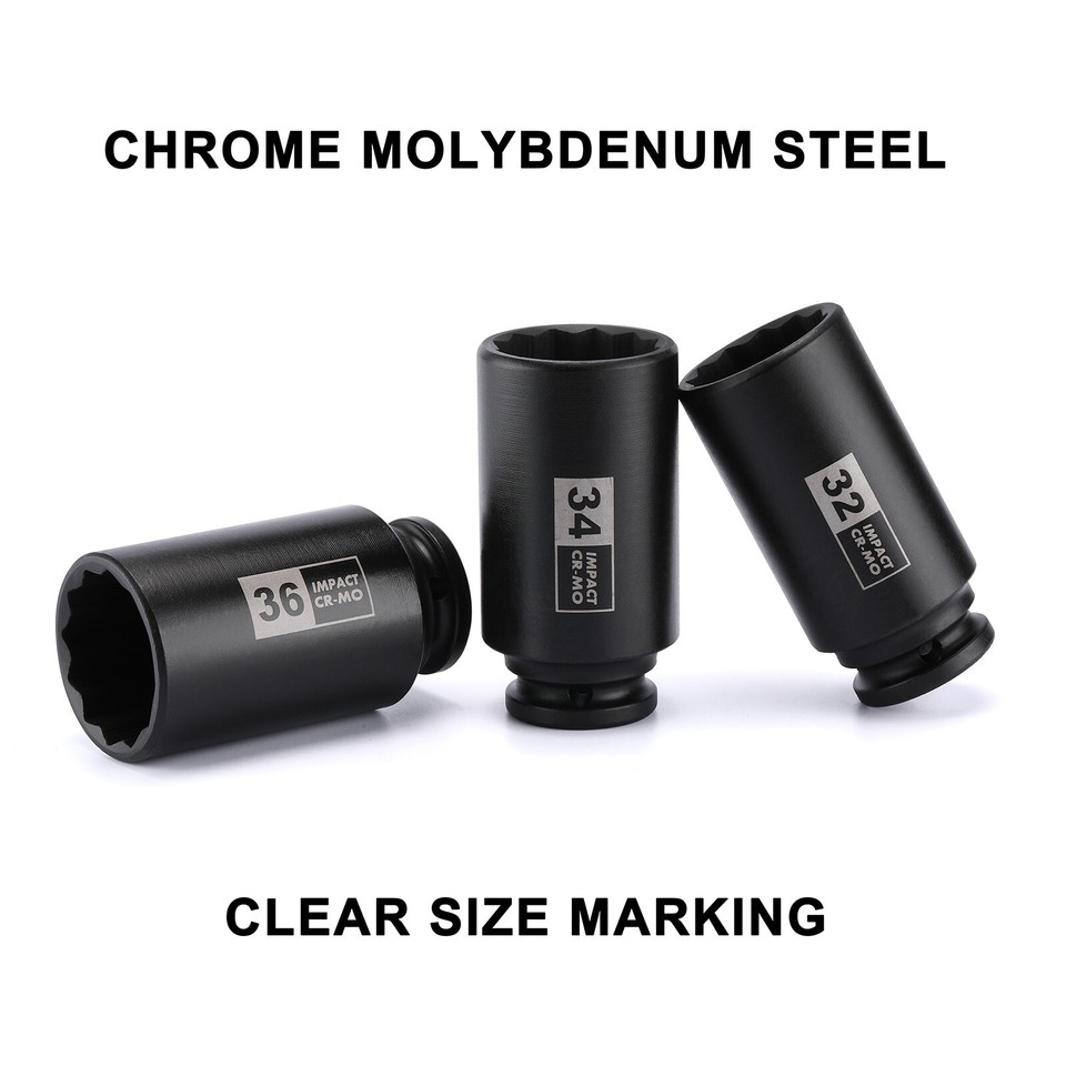 1/2" Drive Deep Impact Socket Set, CR-MO, 8 Piece 12 Point Metric ...