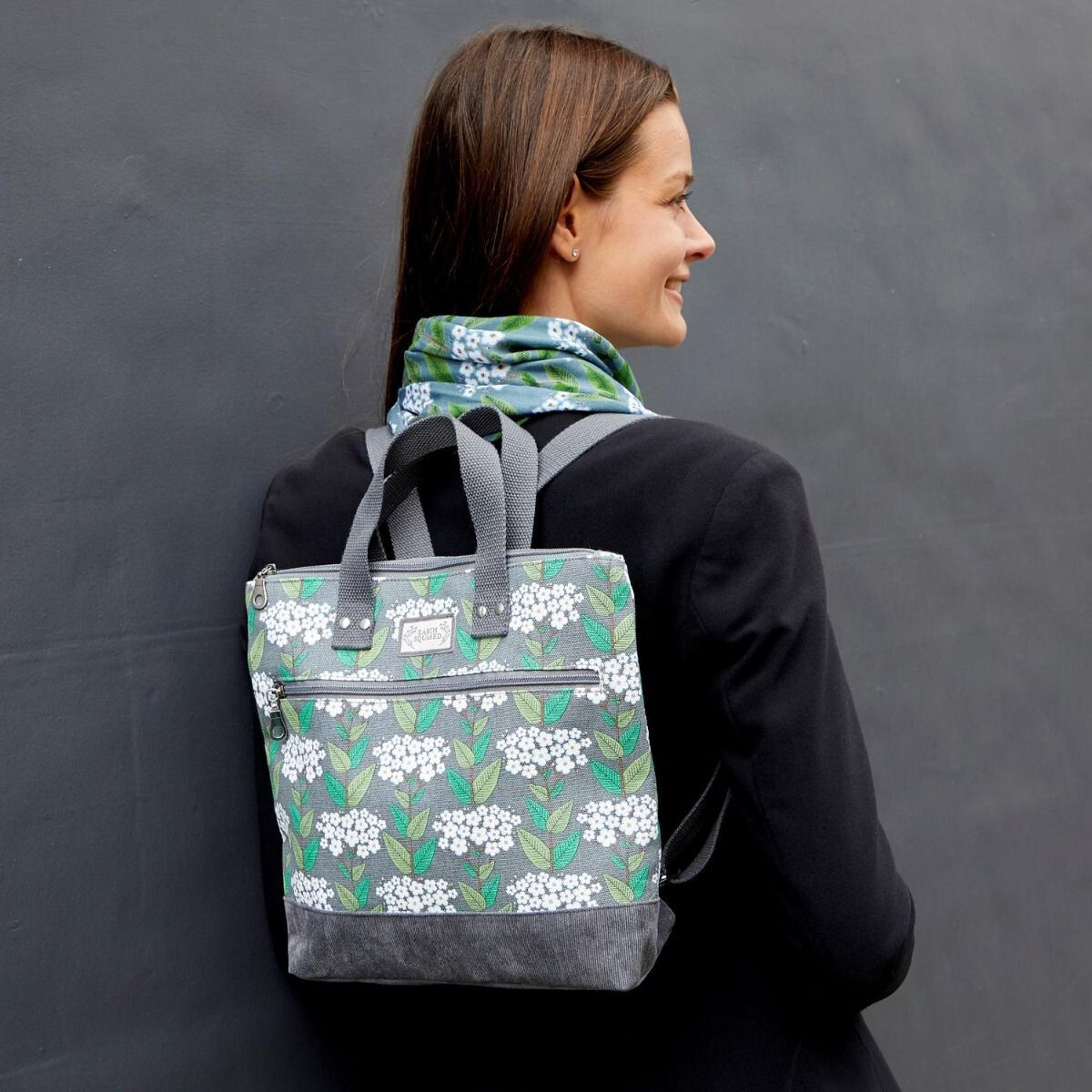 Earth Squared Fair Trade Canvas Backpack Rucksack Bag Grey Floral ...