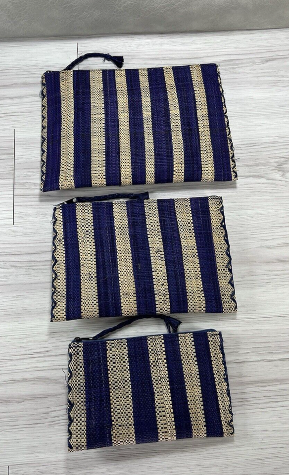 Woven Raffia Clutch Straw Blue Stripped Pouch Purse Set Of 3 Wallet ...