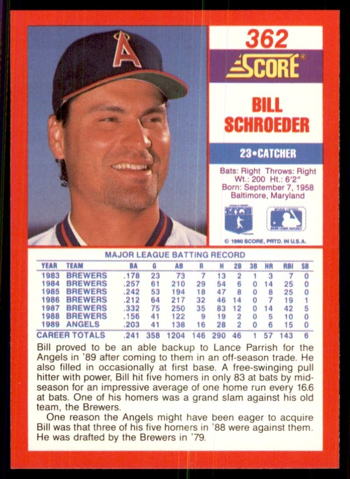 1990 Score Bill Schroeder Baseball Cards #362 | eBay