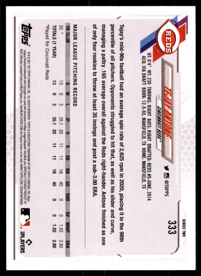 2021 Topps Tejay Antone Baseball Cards #333 | eBay