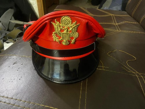 Genuine Real Leather Red Army Muir Biker Peaked Police Gay Bluf Cap Hat ...