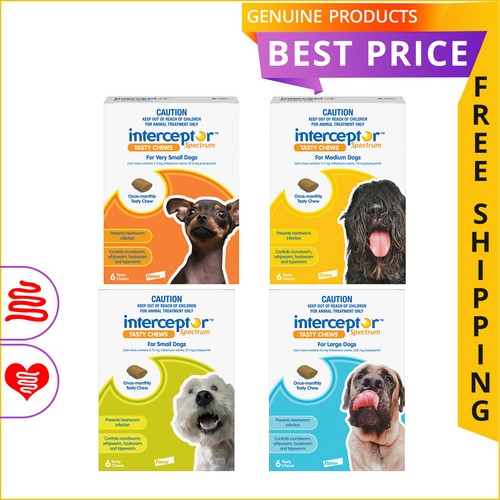 INTERCEPTOR Spectrum Heartworm and Worm treatment 6 Doses for Dogs All ...