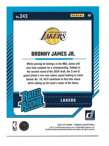 2024-25 Panini Donruss Rated Rookie Bronny James Jr. #243 RC Los ...