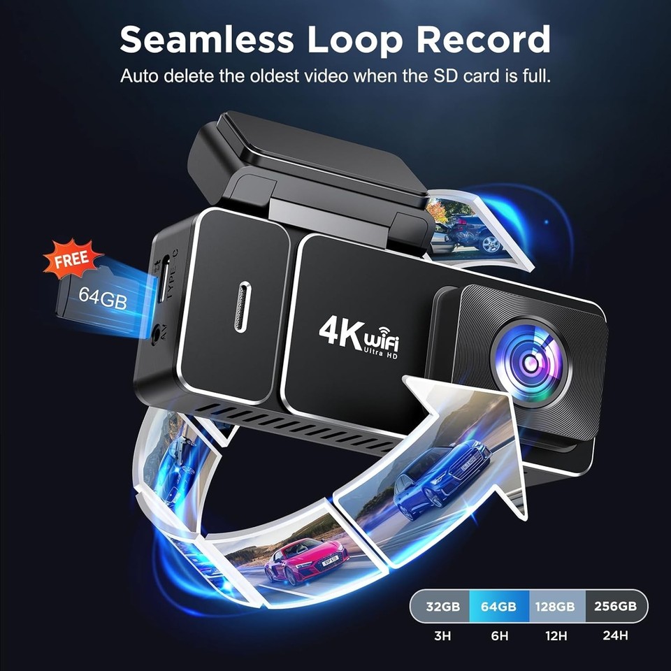 Super Night Vision Dash Camera - 4K Front & Rear with G-Sensor & Loop ...