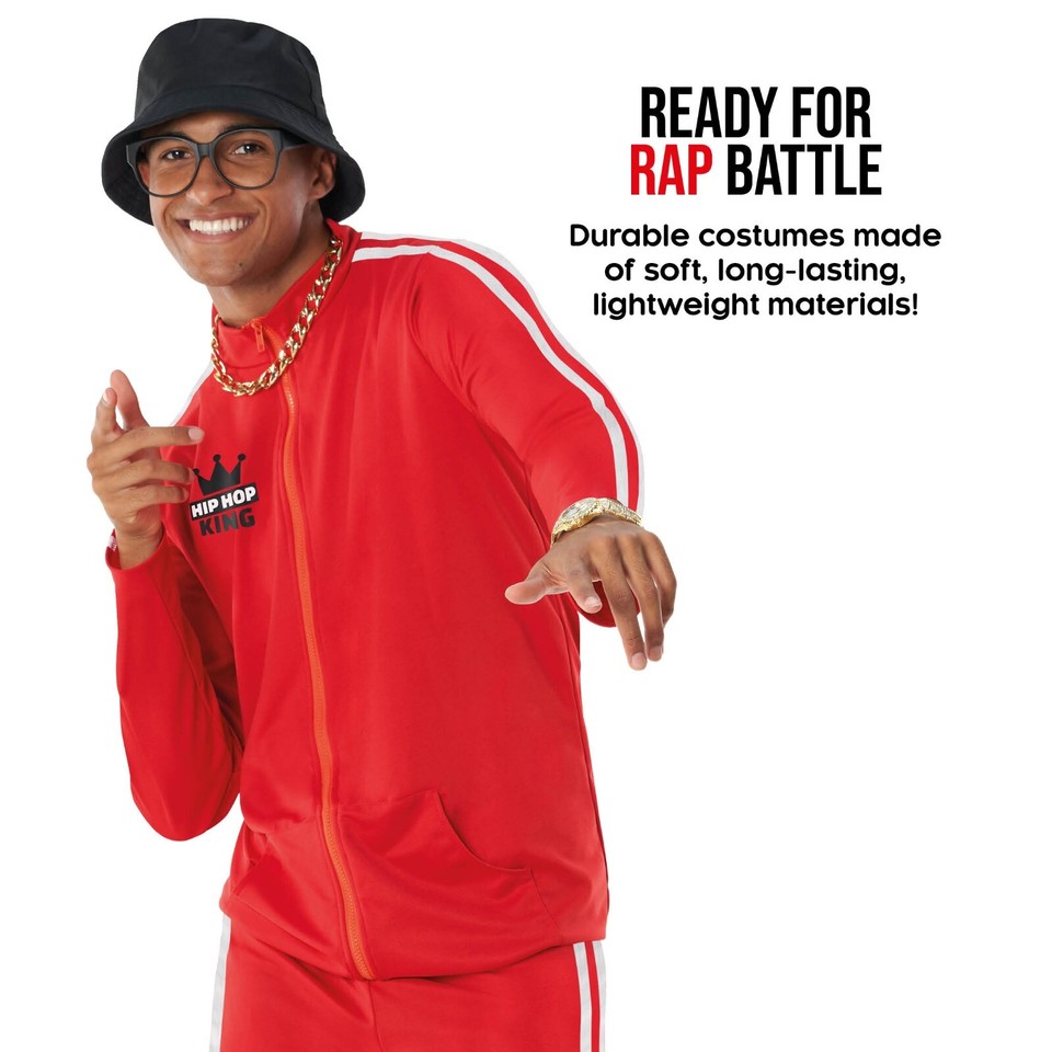 Men`s 1980s Red Rapper Costume + Boombox Adult 90s Hip Hop Tracksuit ...