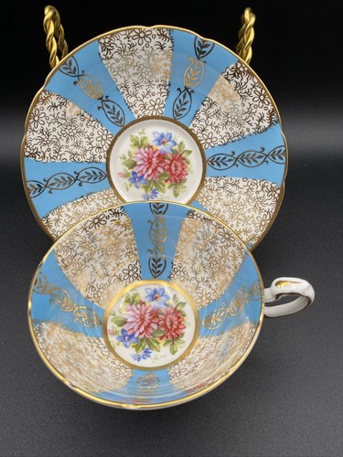 PARAGON Tea Cup Saucer Warranted Teal Gold Chintz 559B Flowers Mums HTF ...