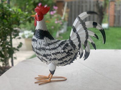 16in Outdoor Metal Standing Red, White, Black Sussex Rooster Figure ...