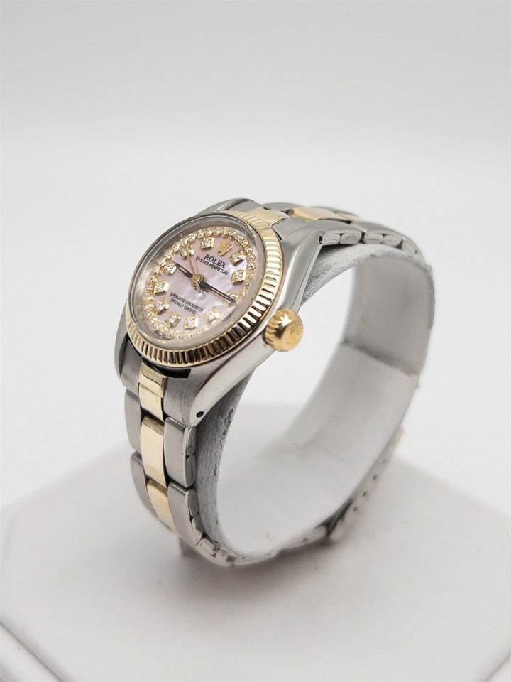 $9000 ROLEX Oyster Perpetual PINK MOP Diamond 18k Yellow Gold SS Ladies ...
