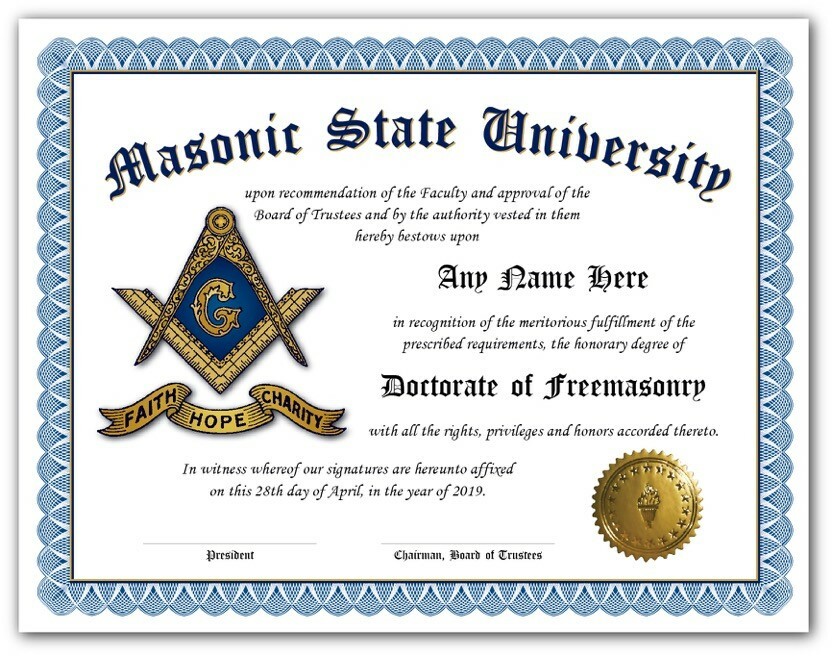 Masonic University Freemason Certificate Diploma w/Gold Seal Novelty ...
