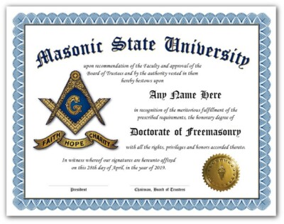 Masonic University Freemason Certificate Diploma w/Gold Seal Novelty ...