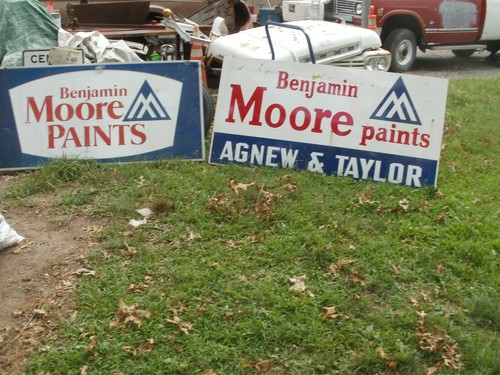 2 VINTAGE BENJAMIN MOORE porcelain & stamp SIGN 70 " X 34 " TIN ON WOOD ...