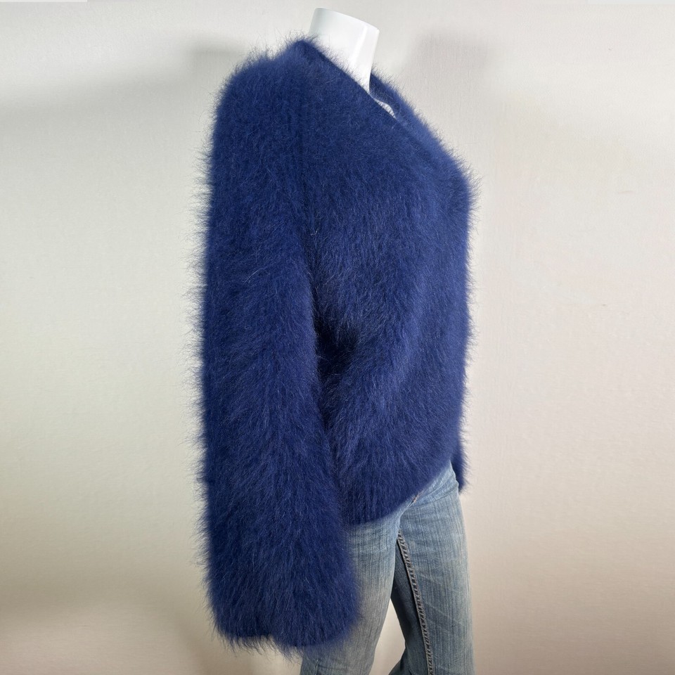 80% Angora Fuzzy Vintage Navy-Blue V-Neck Bell-Sleeve Pullover Sweater ...