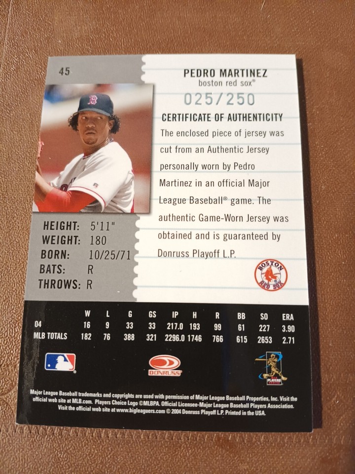 2005 PEDRO MARTINEZ LEAF CENTURY JERSEY RELIC CARD #45 RED SOX /250 ...