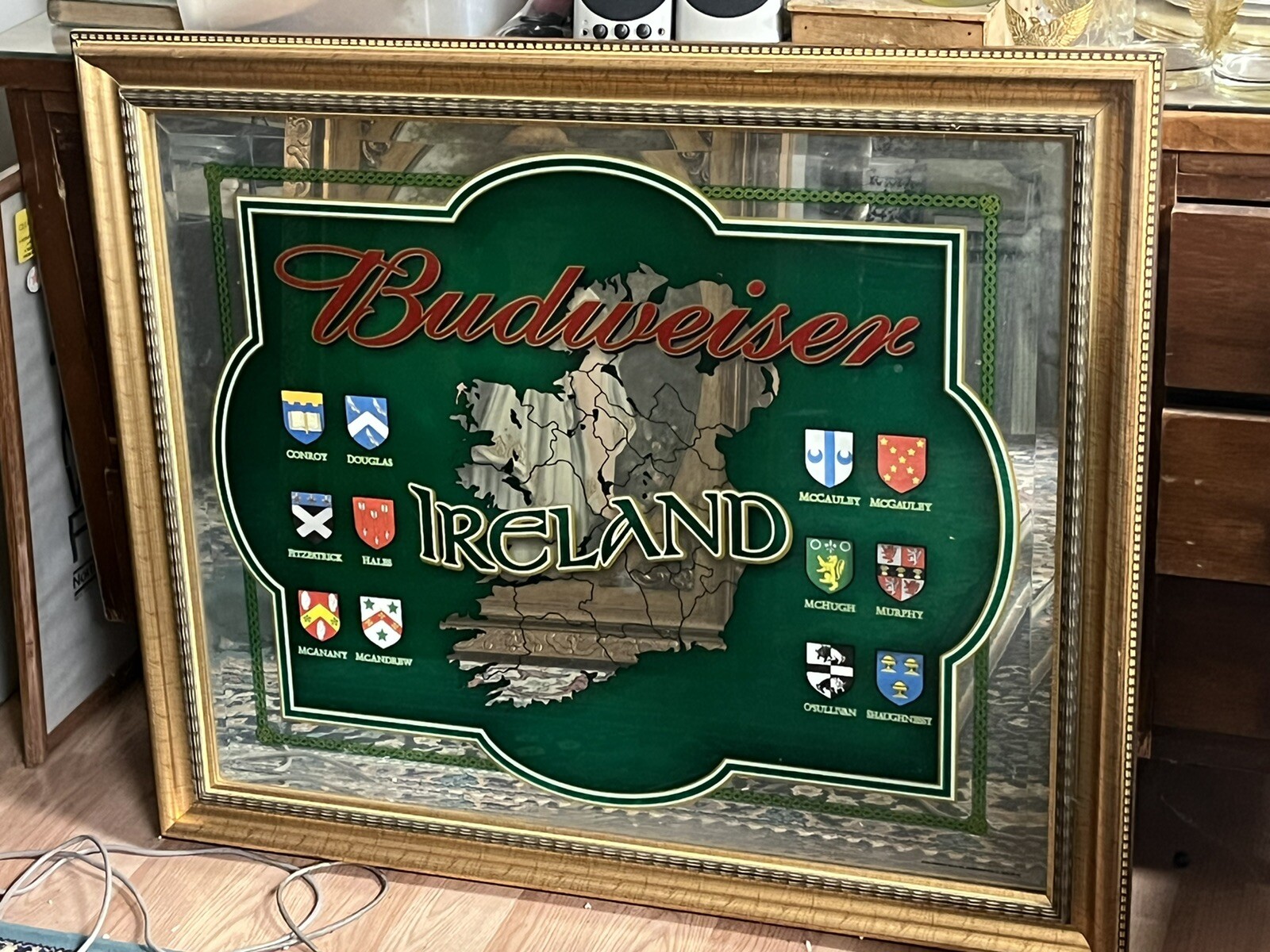 LARGE Vintage BUDWEISER Beer IRELAND Irish Clan Crest MIRROR Bar SIGN ...
