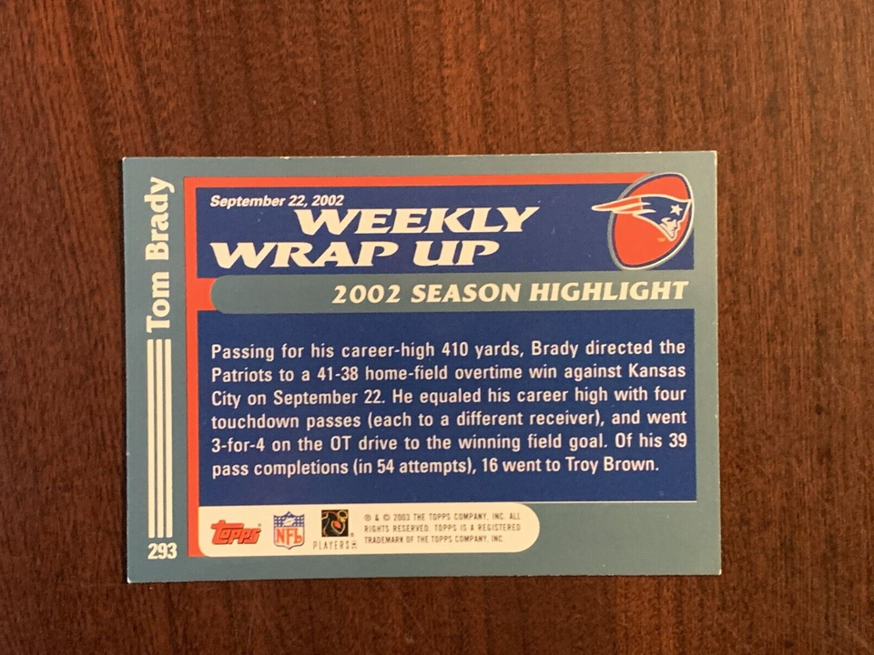 2003 Topps Football NFL Tom Brady Season Highlight Weekly Wrap Up Card ...