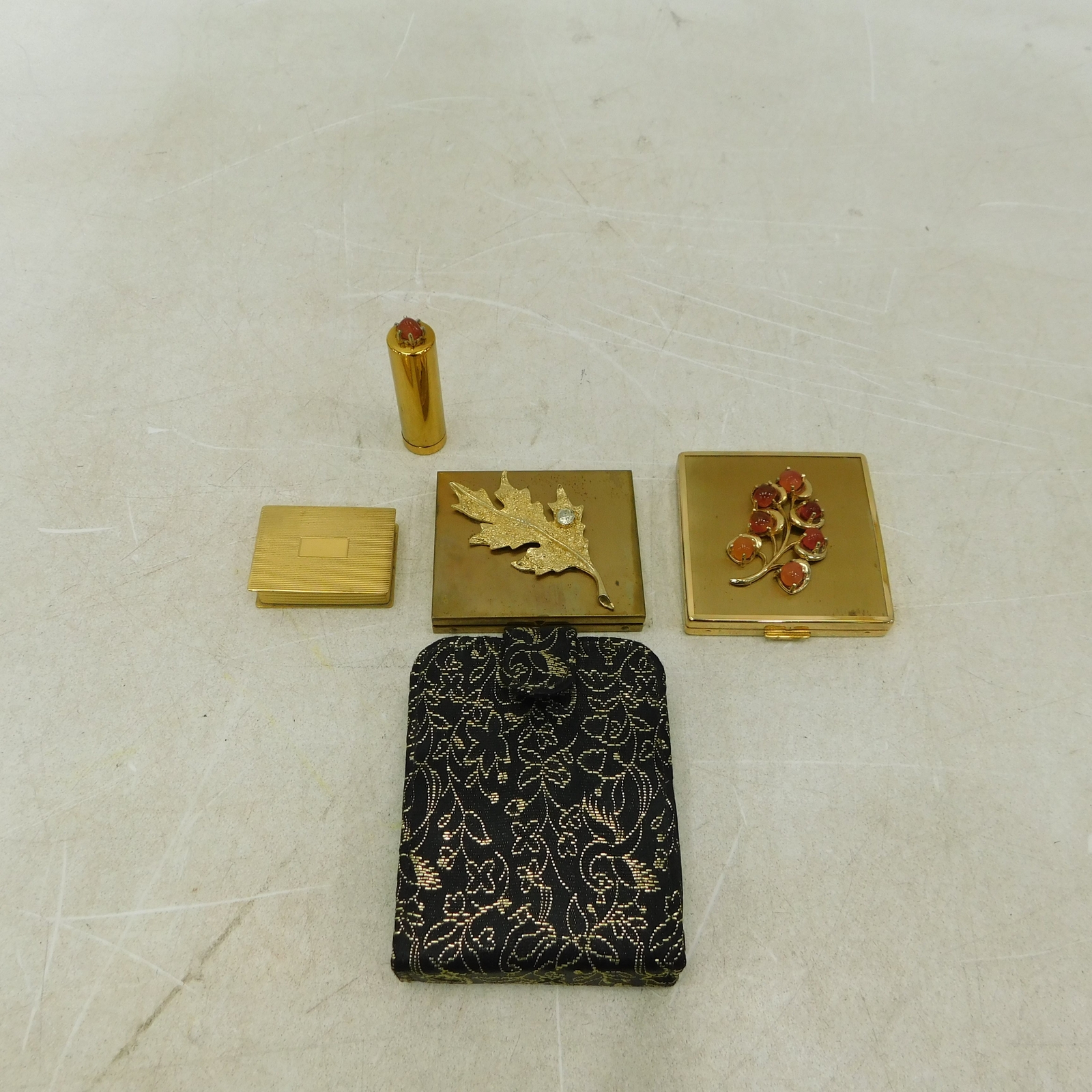 MCM Mid Century Modern Brass Makeup Compacts Ciner Leaf W/ Rhinestone ...