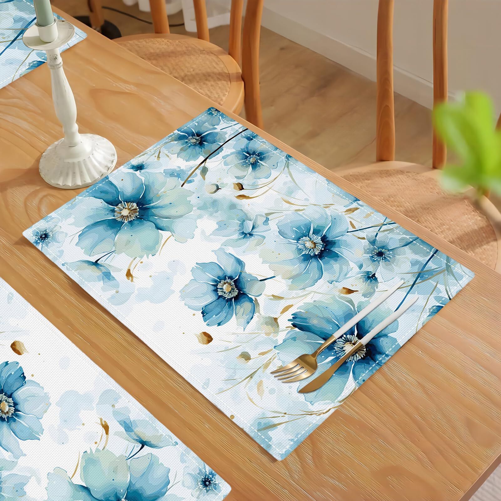 Flower Placemats Set of 6 Blue Flower Table Mats Floral Place Mats ...