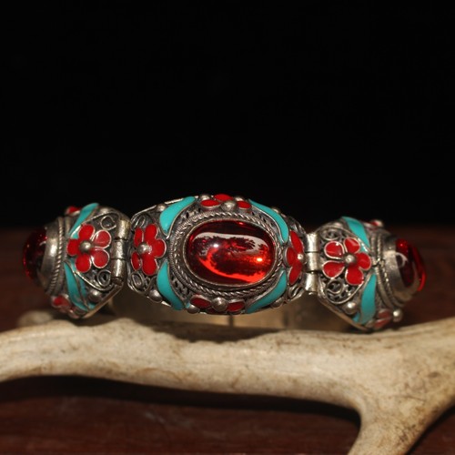 Chinese Old Handmade chains,Cloisonne Xizang silver inlaid red zircon ...