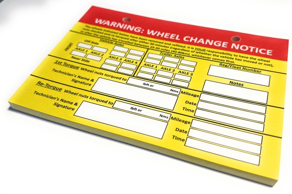 Wheel Change Notice Tag, Card, Re-torque, Tourque Warning (50 punched ...