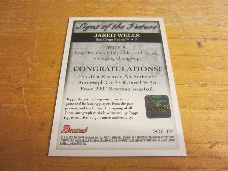 Jared Wells Autographed 2007 Bowman Signs of the Future #JW Card MLB ...