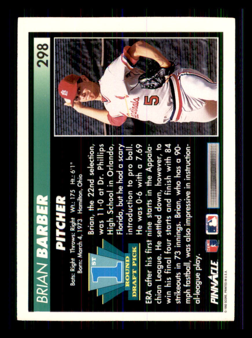 1992 BASEBALL 1992 Pinnacle Brian Barber St. Louis Cardinals #298 1st ...
