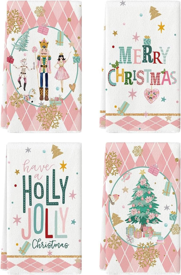 Pink Nutcrackers Tree Holly Jolly Merry Christmas Kitchen Towels Dish ...