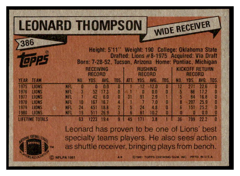 1981 Topps #386 Leonard Thompson Detroit Lions Excellent | eBay