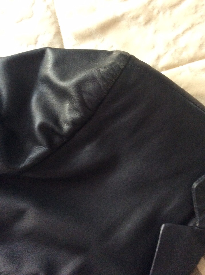 Leather 3/4 Length Black coat Size 16 Grey Cuffs And Collar | eBay UK
