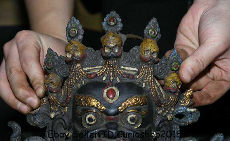 8" Old Tibet Buddhism Bronze Painting Mahakala Wrathful Deity Face Mask ...