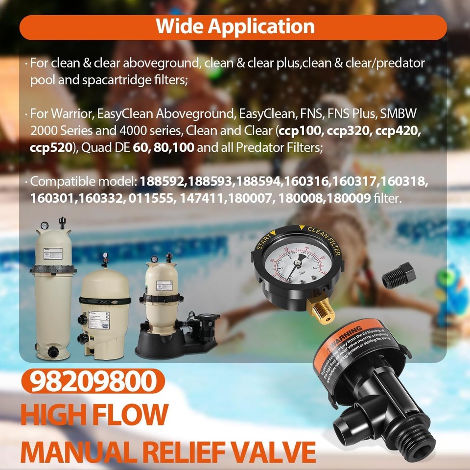 98209800 High Flow Manual Air Relief Valve with Gauge for Pentair Pool ...