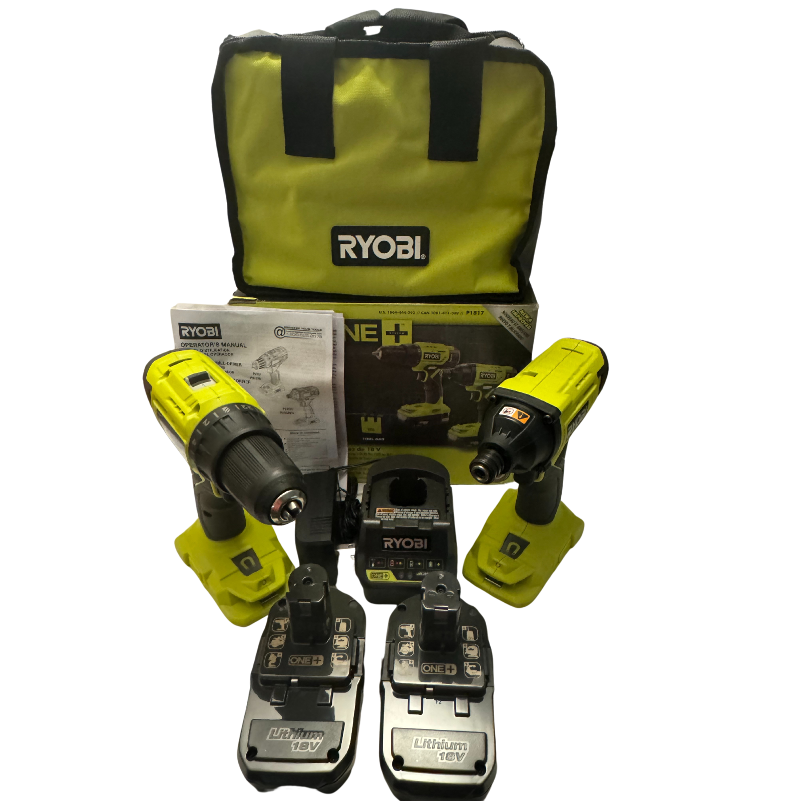 RYOBI P1817 ONE+18V Cordless1/2 Drill 1/4 I 2 Tool Kit 1/2 Drill 1/4 ...