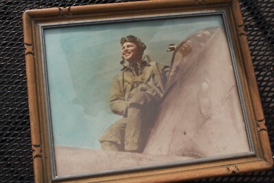 WWII fighter pilot portrait, hand colored b/w photo, original frame | eBay