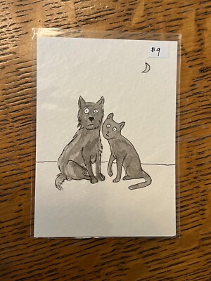 ACEO Original Pen and Ink Painting Cat Dog Artist Trading Card Sketch ...