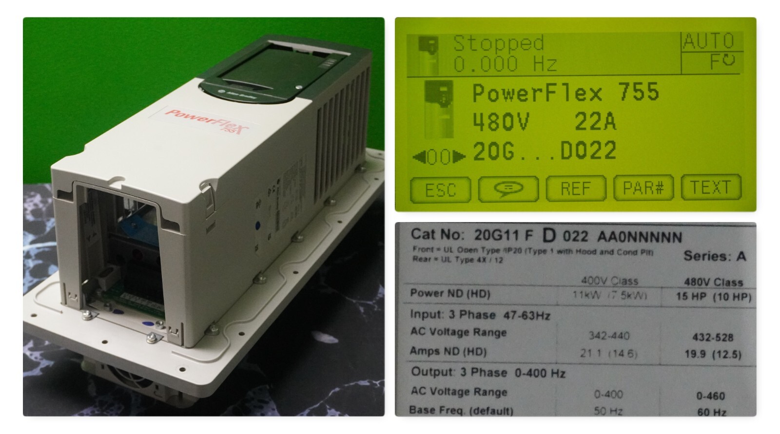 Low HR Allen-Bradley 20G11FD022AA0NNNNN PowerFlex 755 VFD 15HP SER A ...